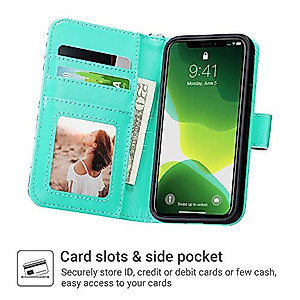 ULAK Compatible with iPhone 12 Mini Wallet Case with Card Holders for Women, Designed PU Leather Flip Wallet with Kickstand Card Slot, Protective Phone Cover for iPhone 12 Mini, 5.4inch, Mint Flower