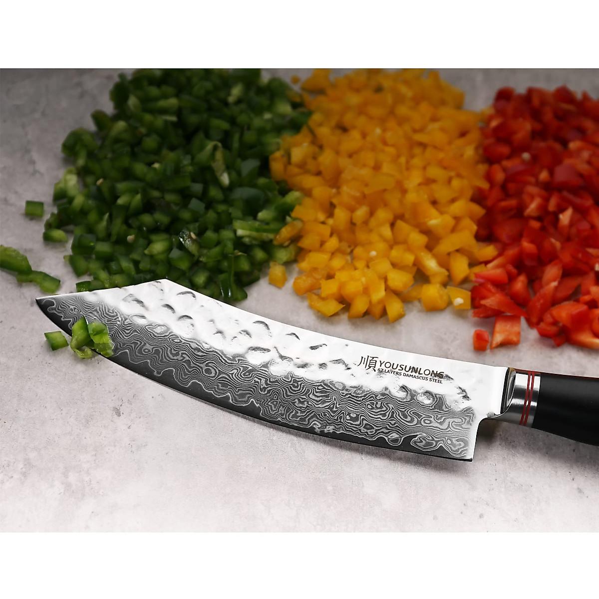YOUSUNLONG Butcher Knife Pro 10" Cimitar Hybrid Cleaver Japanese Hammered Damascus Steel Razor Sharp - Natural Leadwood Handle