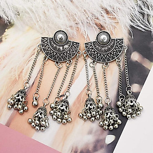 6 Pairs/Set Indian Jhumka Jhumki Ethnic Dangle Earring Sets for Women Vintage Silver Long Tassel Bell Drop Earrings Boho Jewelry (ES-8794-6)