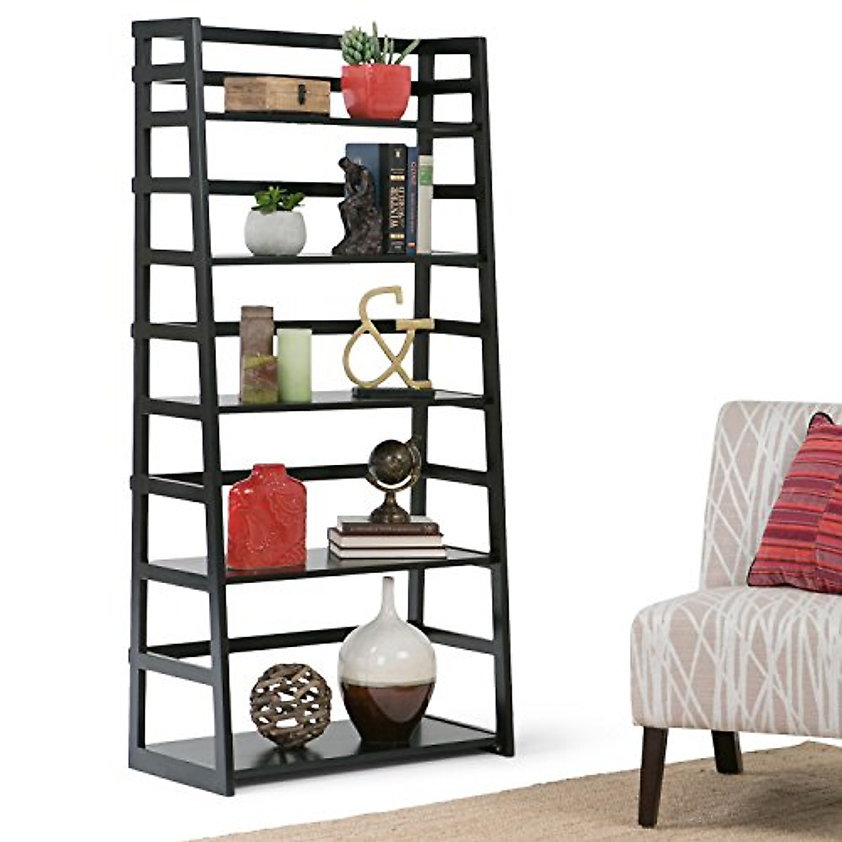 SIMPLIHOME Acadian SOLID WOOD 30 Inch Transitional Ladder Shelf Bookcase in Black, For the Living Room, Study Room and Office