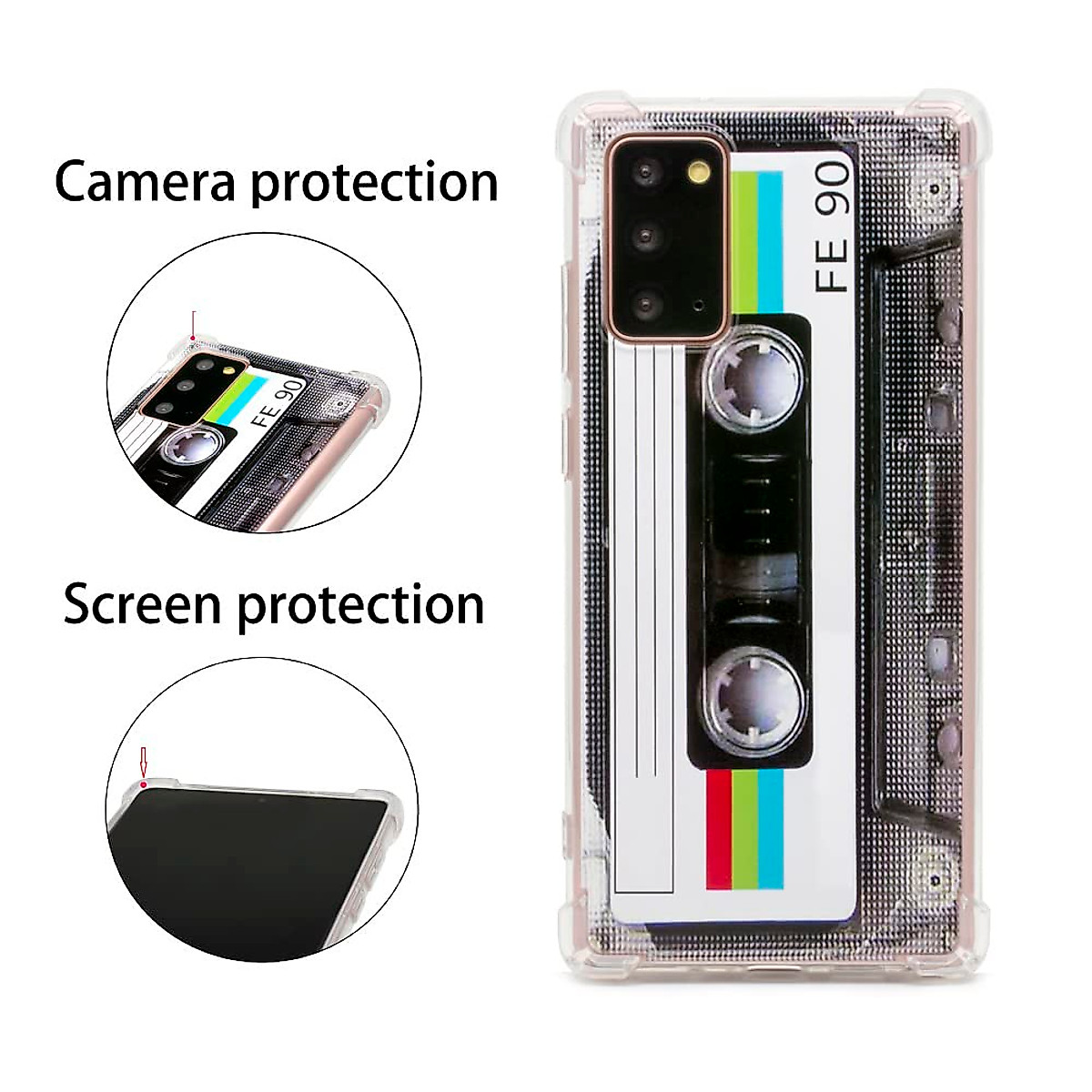 FAteamll Case for Galaxy Note 20,with Reinforced Corners TPU Soft Bumper Retro Cassette Tape Case Compatible with Samsung Galaxy Note 20