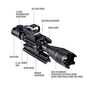 Pinty 4-16X50 Illuminated Optics Sight, Green Laser, Reflex Sight, 1 inch High Riser Mount & Laser Boresighter, Red Dot Laser Bore Sight Pistol Carbine Rifle Self Defense Hunting