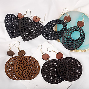 9 Pairs Boho Vintage Wooden Round Geometric Leather Earrings Retro Hollow Out Circle Earrings Big Lightweight Statement Jewelry Suitable for Women