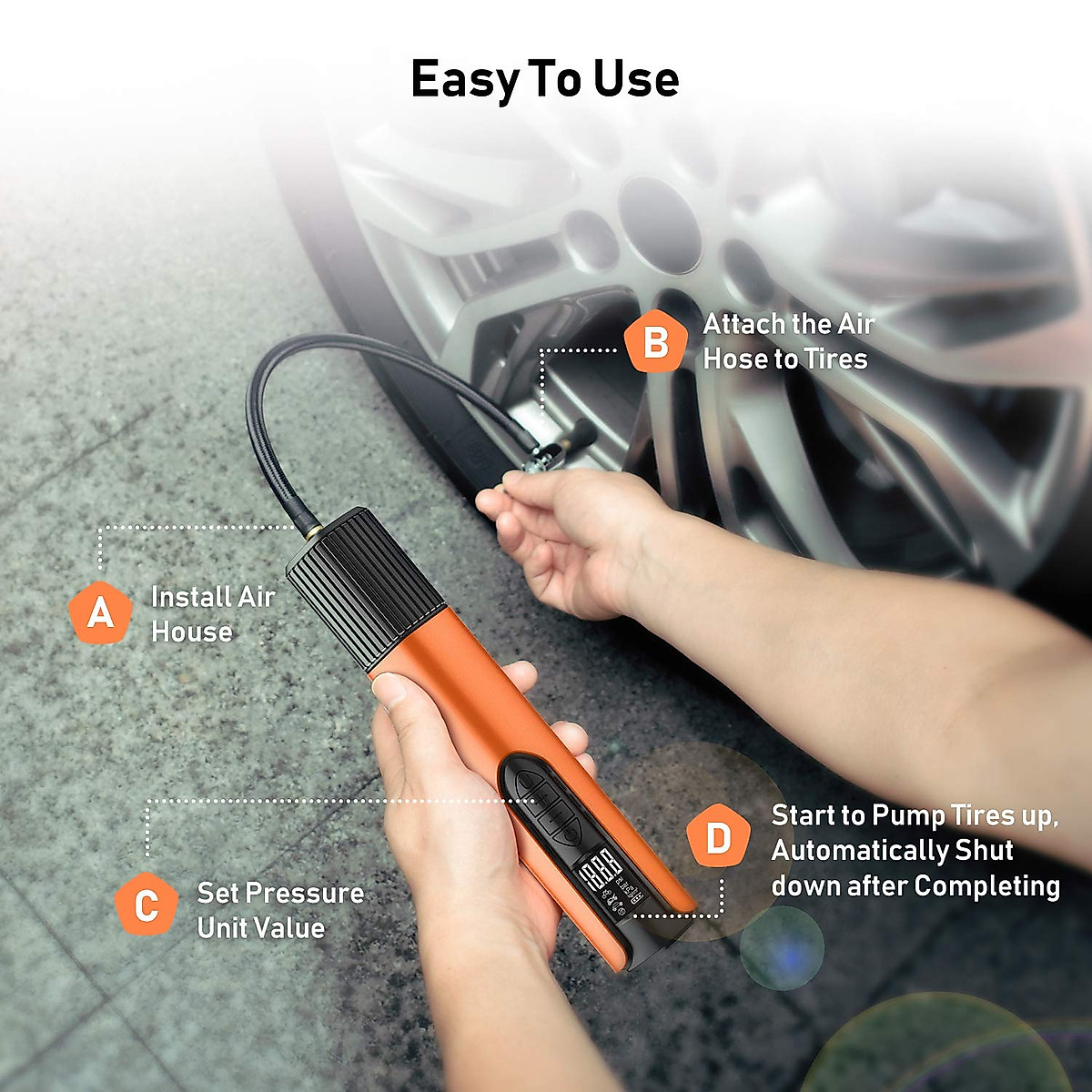 AirXwills Electric Bike Pump - 150 Psi Tire Inflator Portable Air Compressor Inflater, Air Pump with Digital Pressure Gauge 2000mAh Battery LED Light, for Car Bicycle Tires.