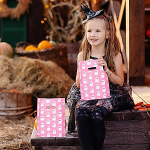 JarThenaAMCS 100Pcs Halloween Party Favor Bags Pink Ghost Halloween Treat Bags Plastic Candy Goodies Bags with Handles Party Favor Bags for Trick or Treat Party Birthday Baby Shower Wrapping Supplies