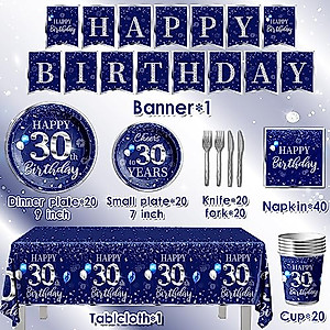 GREHUMOR 142 Pcs 30th Birthday Tableware Set Decorations Sliver and Blue 30th Happy Birthday Party Supplies for Men Women Birthday Tablecloth,Plates, Napkins, Cups,Forks and Knives