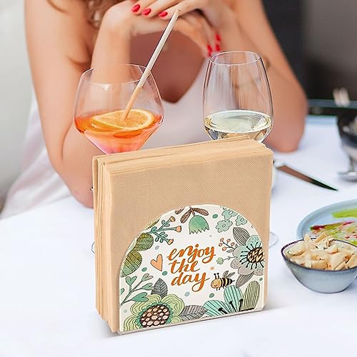 Napkin Holder, Clear Acrylic Paper Napkin Holders Flowers and Bees Enjoying The Day Tissue Box Dispenser Stand Tabletop Space Saver Upright Napkin Towel Holders for Kitchen Restaurant Home Decor