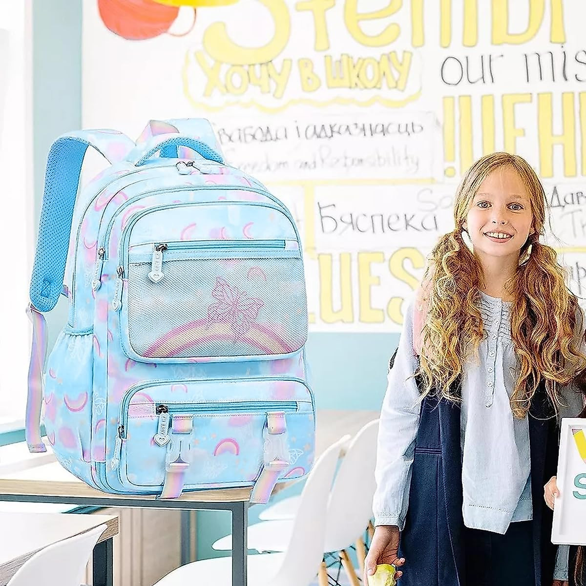 School Backpack for Girls, Lightweight Waterproof Cute Rainbow School Bookbag for Teen Kids Students Elementary (Rainbow Pink)