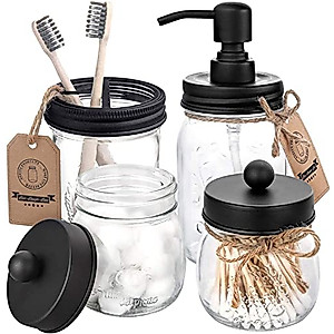 kuangMEIX Mason Jar Bathroom Accessories Lids Set(4Pcs),Jars Not Included Foaming Soap Dispenser & 2 Apothecary Jars & Toothbrush Holder for Regular Mouth Rustic Farmhouse Decor Bathroom Countertop