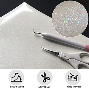 TeeArtist White Glitter HTV Iron On Heat Transfer Vinyl for T-Shirts, 12"x10" Sheets, 5 Pack, Glossy Rainbow Surface, Easy for All Craft Cutters