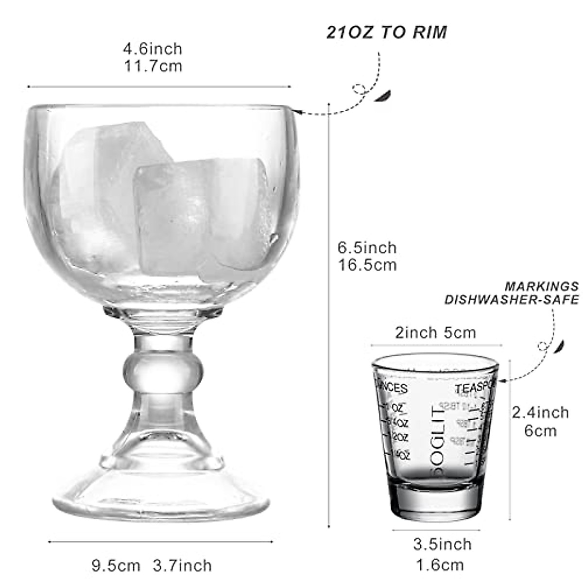 Margarita Schooner Beer Glasses 21 Oz Set of 4 With Extra Measuring Shot Glasses, Large Shrimp Cocktail Glasses Goblet, Large Stemmed Glasses With Thick Bottom for Coronaritas, Margaritas, Cocktails