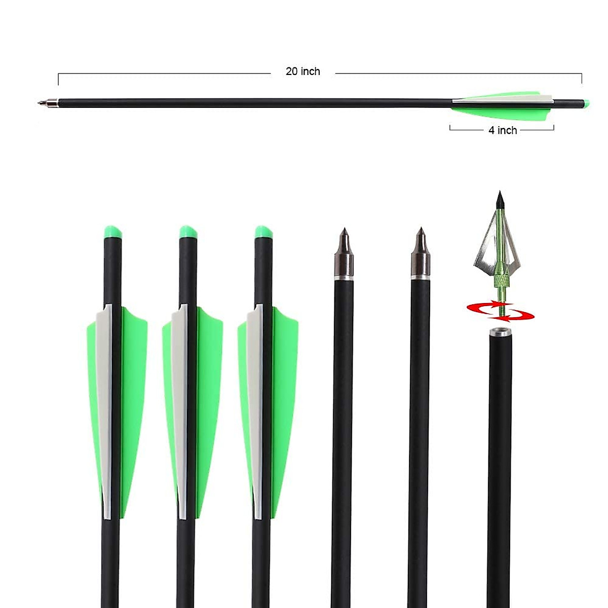 IRQ 20 Inch Crossbow Bolts and Crossbow Broadheads Set, Carbon Crossbow Arrows for Hunting and Outdoor Practice, 12 Green Arrows, 6 Broadheads(18 Pack)