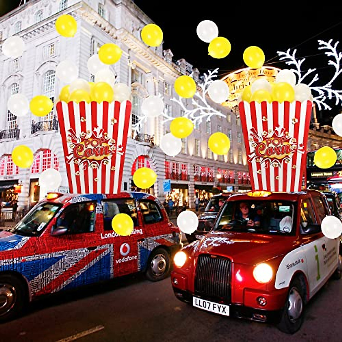 2 Pieces Giant Popcorn Box Cardboard Stand up with 100 Balloons Movie Popcorn 3D Popcorn Box Cardboard Stand up and Yellow White Popcorn Theme Balloons Carnival Decorations for Movie Themed Party
