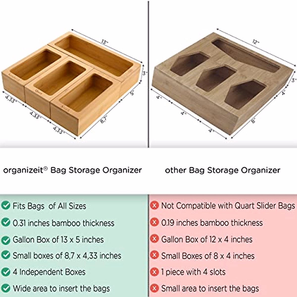 Bamboo Ziplock Bag Storage Organizer for Drawer - Food Storage Bag Organizer Kitchen Drawer - Sandwich Ziploc Bag Organizer - Suitable for Gallon, Quart, Snack and Sandwich Baggie Organizer