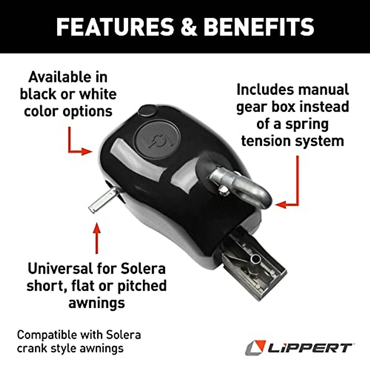 Lippert Components-300031 Solera Manual Crank Style Awning Drive Head Assembly, Black