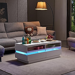 T4TREAM 48" LED Coffee Table with Storage, Modern Center Table with LED Lights & Power Strip, Coffee Table with Drawers for Living Room, Easy Assembly, Solid White