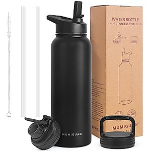40oz Insulated Water Bottle with 3 Lids(Straw, Hand and Spout Lid), Double Vacuum Stainless Steel Metal Water Flask(BPA-free, CPC) for Sports, Camping, Hiking, Cycling, Fitness and more(Black)
