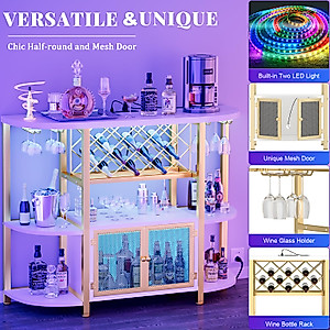 Unikito Gold Liquor Bar with LED Light, Wine Cabinet with Outlet, Freestanding Wine Rack Table with Door, Coffee Bar Cabinet for Liquor and Glass, Floor Bar Table Stand with Wine Storage Rack, White