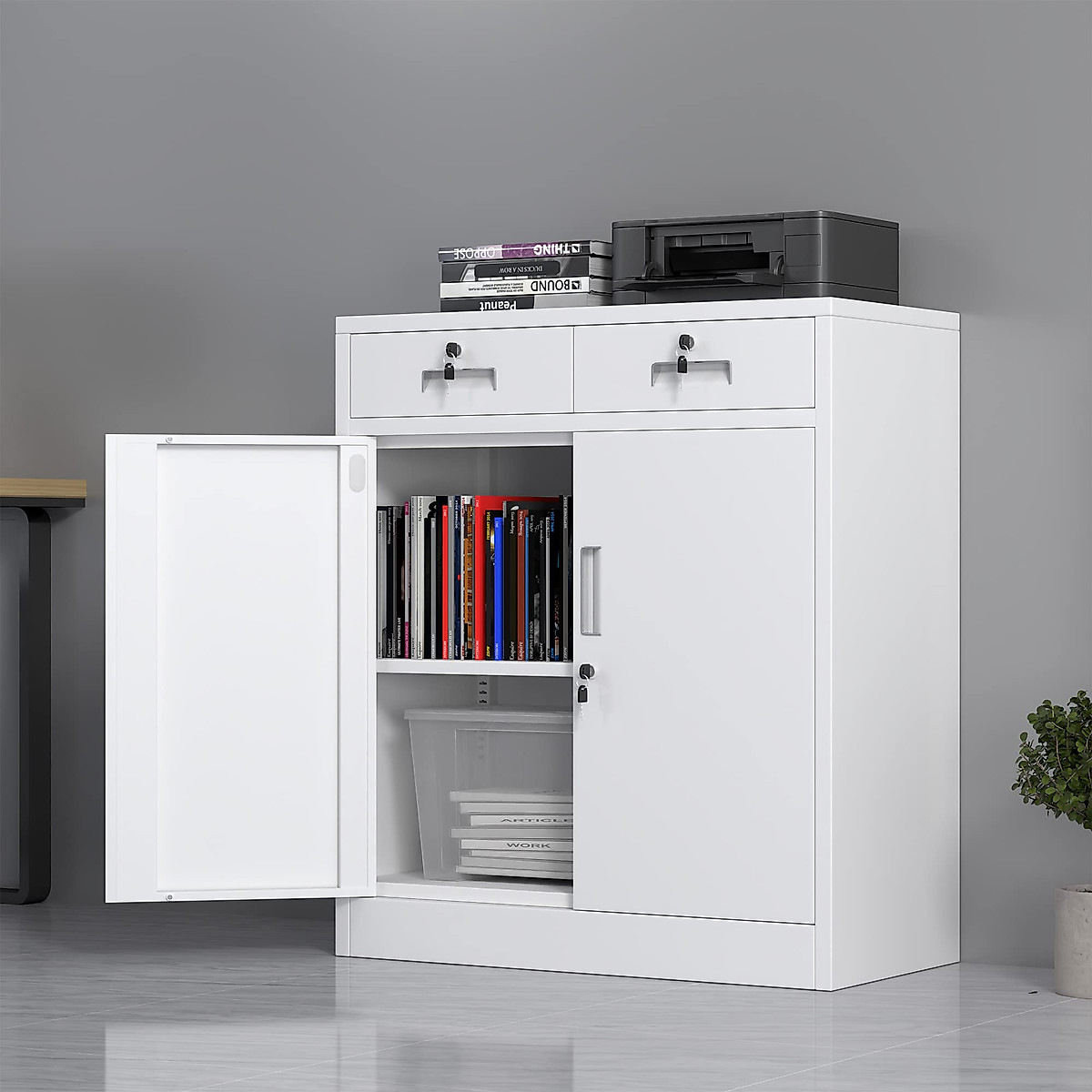 JINGUR Metal Storage Cabinet with Locking Doors and 2 Drawers, Lockable Storage Cabinets with Adjustable Shelf for Home Office and Garage (White)