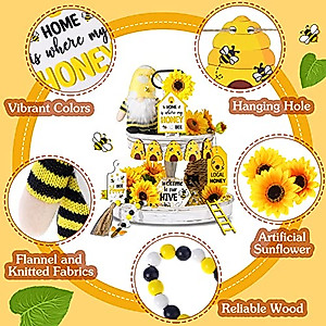 16 Pieces Bee Tiered Tray Decor Set Includes Bee Wooden Sign Sunflower Bee Gnomes Doll Wood Bead Garland with Tassel for Farmhouse Home Kitchen Decor