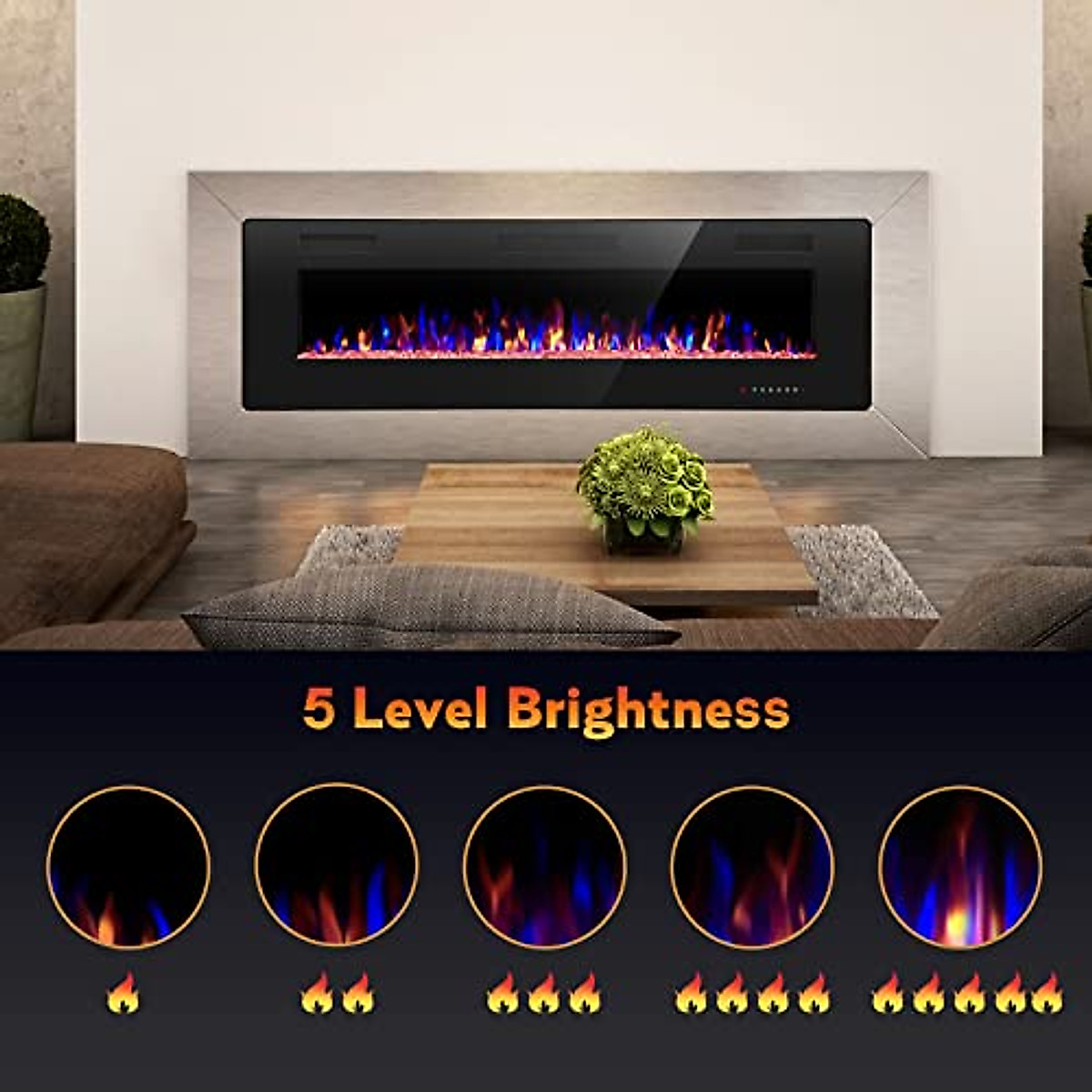 R.W.FLAME Electric Fireplace 50 inch Recessed and Wall Mounted,The Thinnest FireplaceLow Noise , Fit for 2 x 4 and 2 x 6 Stud, Remote Control with Timer,Touch Screen,Adjustable Flame Colors and Speed
