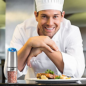 Fsdifly Electric Salt and Pepper Grinder - Battery Operated Automatic Salt and Pepper Mills with Blue Light, Electric Salt and Pepper Grinder set - Adjustable Coarseness, One Handed Operation