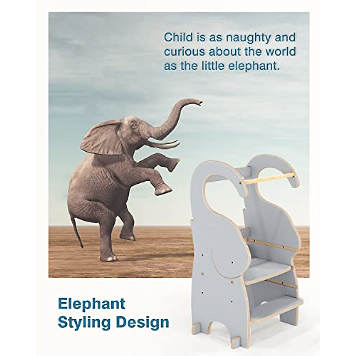 PP OPOUNT Toddler Kitchen Stool, 3-Level Adjustable Toddler Tower, Wood Step Stools for Kids with Safety Protective Net and Non-Slip Mat, Elephant Style, Solid Wood Gray