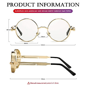AIEYEZO Round Steampunk Sunglasses for Men Women Gothic Glasses Vintage Circle Metal Frame 100% UV Blocking Lens (Gold/Clear)