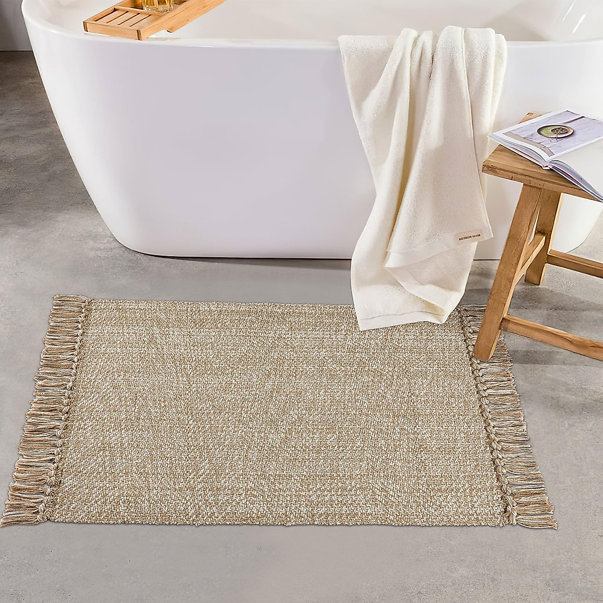 Small Boho Bathroom Rugs,2'x3' Tan Cream Washable Entryway Rug Farmhouse Throw Rug Cotton Woven Reversible Bedroom Rug, Kitchen Mat Carpet for Entrance Bedroom Laundry Living Room