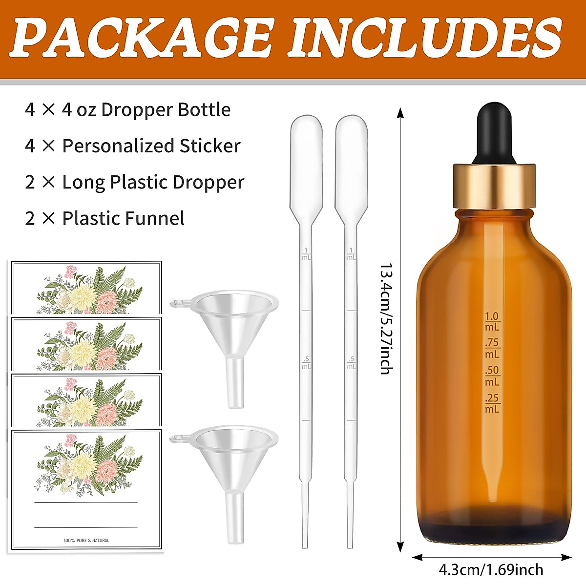 Qeirudu 4 oz Dropper Bottles - 4 Pack Amber Tincture Bottles with Dropper, Funnel, Labels & Pipette Empty Glass Eye Dropper Bottles for Essential Oils, Perfum