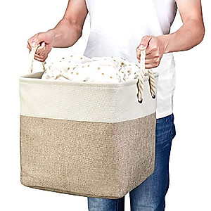 i BKGOO Cube Storage Bins，Foldable Canvas Storage Basket,3-Pack Collapsible Sturdy Fabric Organizing Basket with Cotton Handles for Home Office Shelf Clothes White-Khaki 13×13×13 inch