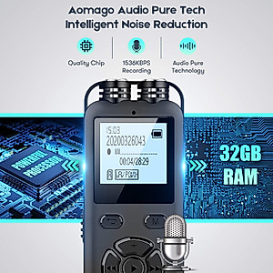 Aomago 32GB Digital Voice Recorder for Lectures Meetings - A36 Audio Recorder with Playback Support External Microphone and Line in Recording 1536Kbps Recording Dictaphone