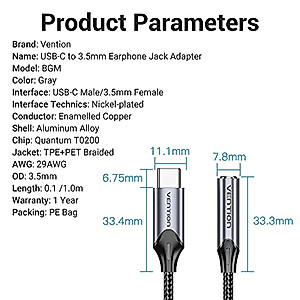 VENTION USB Type C to 3.5mm Headphone Jack Adapter, USB C to Aux Audio Dongle Cable with DAC Chip Compatible with iPad Pro Pixel 2 XL Samsung Galaxy S21 S20 Ultra S20+ Note 20 10 S10