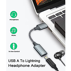 USB A to Lightning Audio Adapter Cable USB 3.0 Male to Lightning Female HiFi Audio Headphones Converter Fit with USB A MacBook Computer PC Support Volume Control Mic Nylon Braided