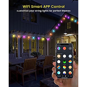 ASAHOM Smart Outdoor String Lights, 45FT Waterproof Dimmable RGB Patio Lights, 15 Shatterproof Multi-Color LED Bulbs, Voice & WiFi APP Control Lights, 30 Scene Modes, Connectable for Party Backyard