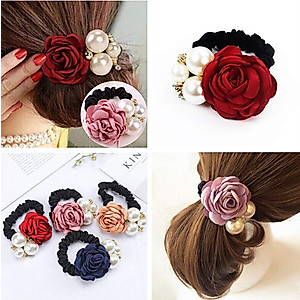 LOVEF 4Pcs Korean Fashion Pearl Hair Rope Rose Flower Rhinestone Hair Ties/ Jewelry Rubber Band