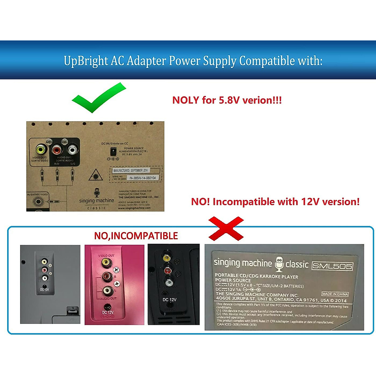 UpBright DC 5.8V 2A AC Adapter Compatible with Singing Machine SML-385 SML385 SML385W SML385BTW SML385BTBK SML385UBK IN-385W SML625BTBK CD +G CDG Player BT Karaoke GKYPS0200058US1 Power Supply Charger