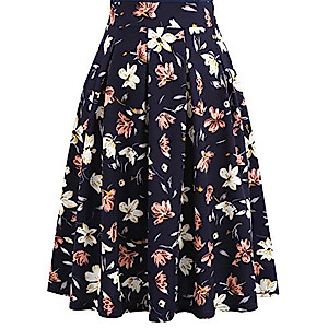 YATHON Women's Classic O Neck Navy Floral Print Wedding Guest Formal Party Church Dresses Summer Keyhole Cutout Pleated Pocket Cocktail Dress (M, YT018-Navy Floral 01)