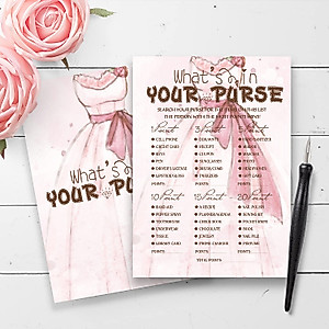 Bridal Shower Game Card, Gift for Engagement Wedding, Pink Wedding-Themed |What's in Your Purse—30 Cards(C-03)
