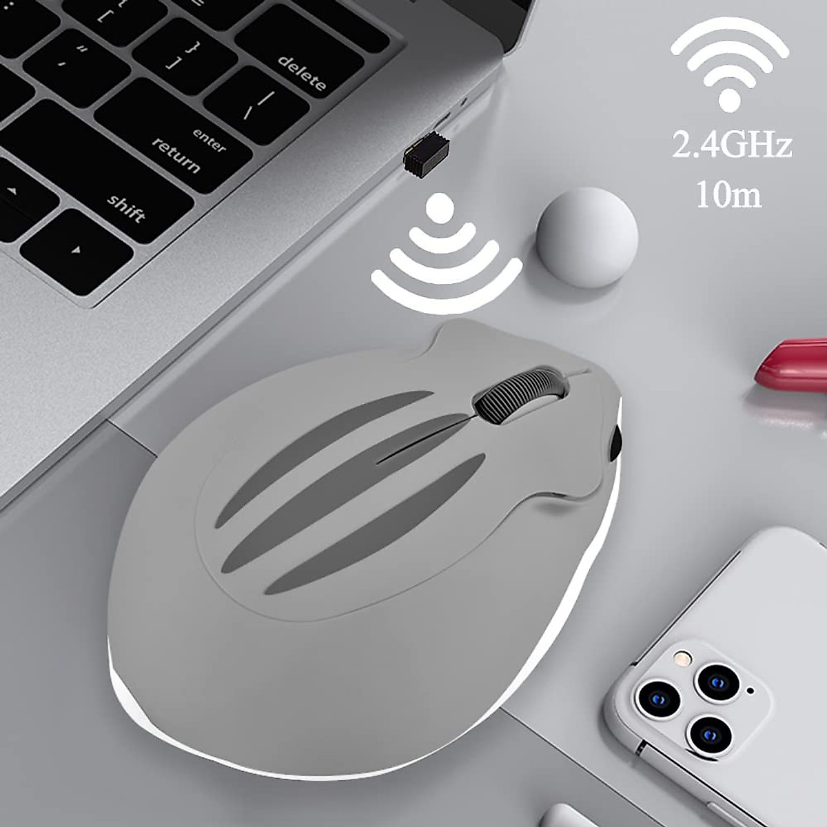YOCUNKER Wireless Mouse 2.4Ghz Hamster Shape Cute Animal Design M Size Silent Click USB Optical Mouse Lightweight for Kids Compatible with PC/Laptop/Computer/MacBook(Gray)