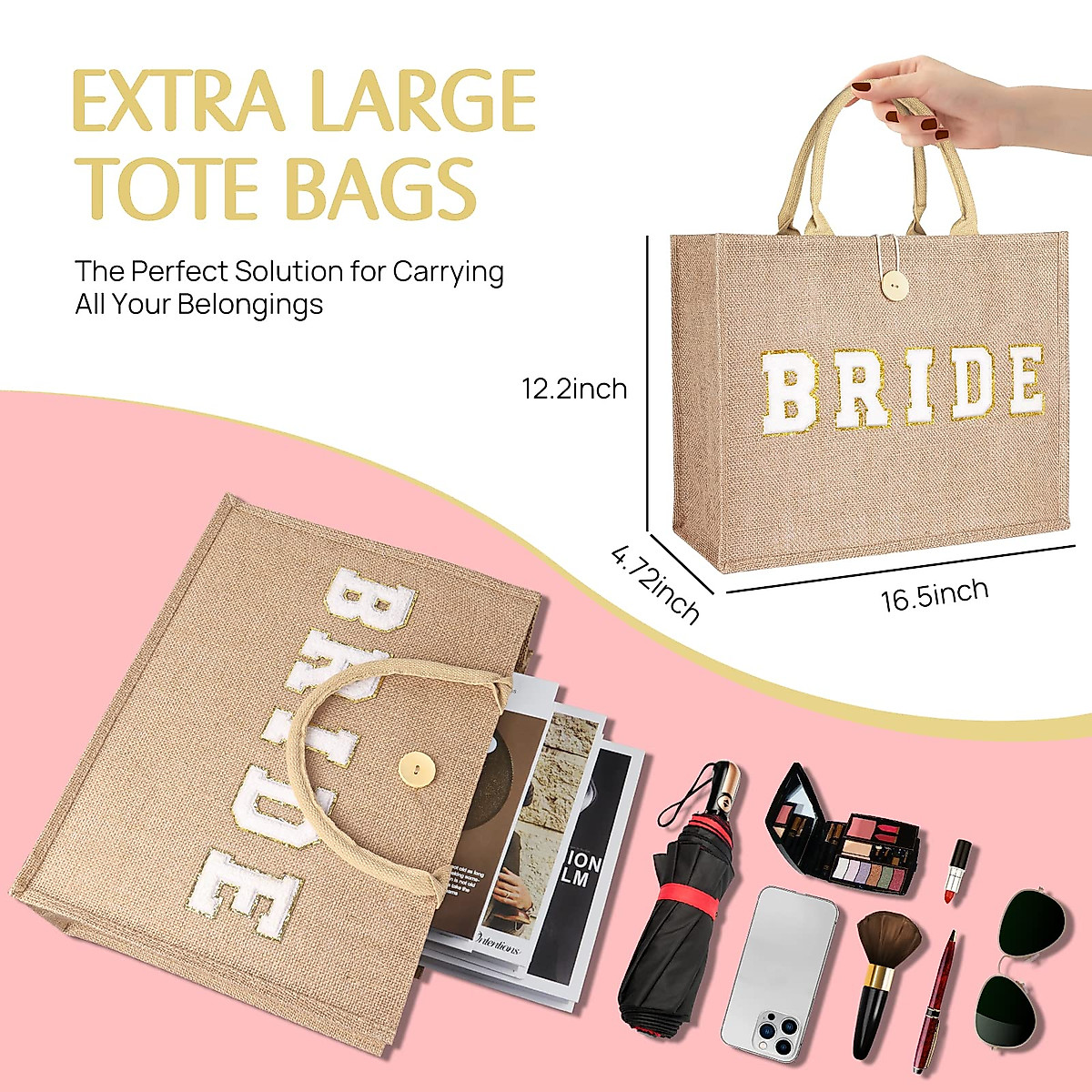 JUSTOTRY Bride Bag - Bride to Be Gifts Natural Jute Large Tote Bag with Webbed Handles Utility Personalized Canvas Bag for bachelorette party Bridal Shower Wedding Gift