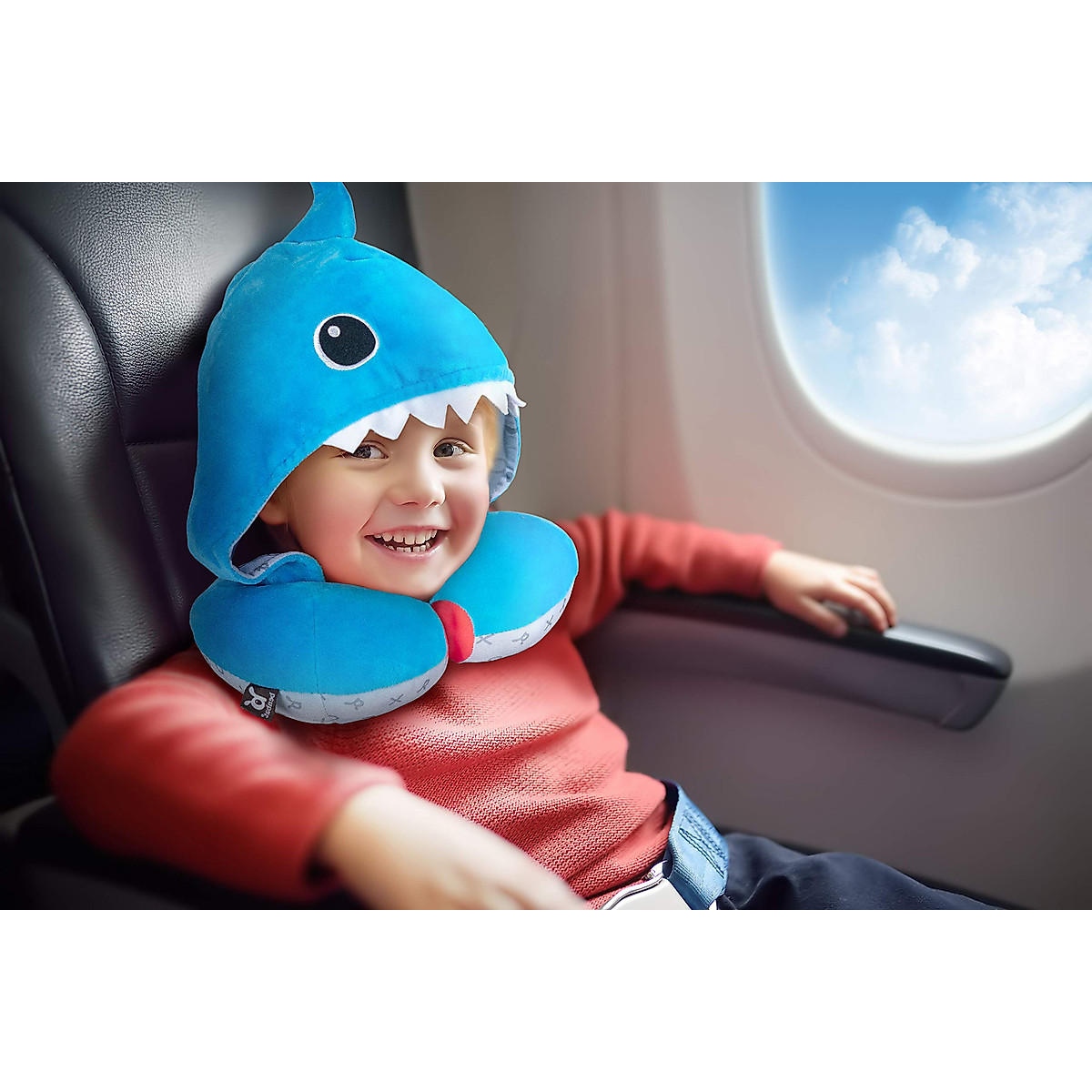 BENBAT Hooded Travel Pillow Neck Support – Soft, Polyester Total Car Seat Head Support for Children 4+ with Magnetic Closure and Ponytail Hole – Machine-Washable Travel Essentials (Shark)