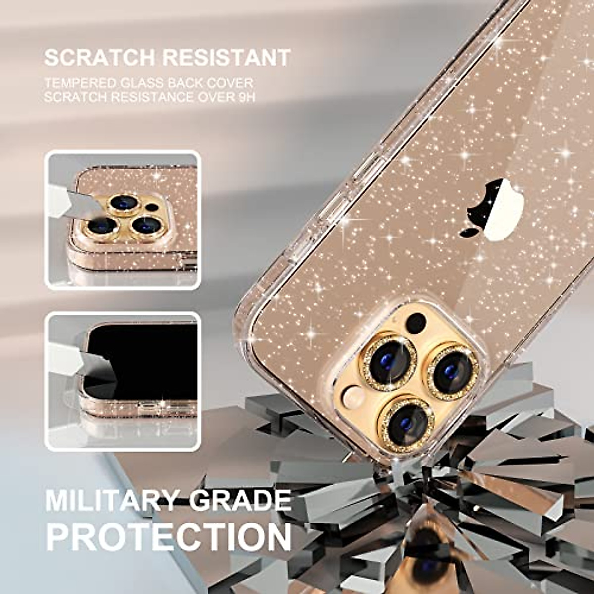 Choiche Compatible for iPhone 14 Pro Case Cute, Women Clear Glitter Bling Sparkly Case, [3 x Diamond Camera Lens Protectors] [2 x Tempered Glass Screen Protectors] 6.1-inch (Glitter Gold)