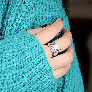 Boho-Magic 925 Sterling Silver Spinner Ring for Women | 3 Spinning Rings Bands | Fidget Meditation Anxiety | Wide Statement Chunky Jewelry Size 7-9 (8)