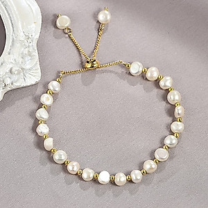 WOWORAMA Pearl Bracelet for Women Gold Adjustable Slider Bracelet Dainty Baroque Bracelet for Wedding Bride Bridesmaid Jewelry