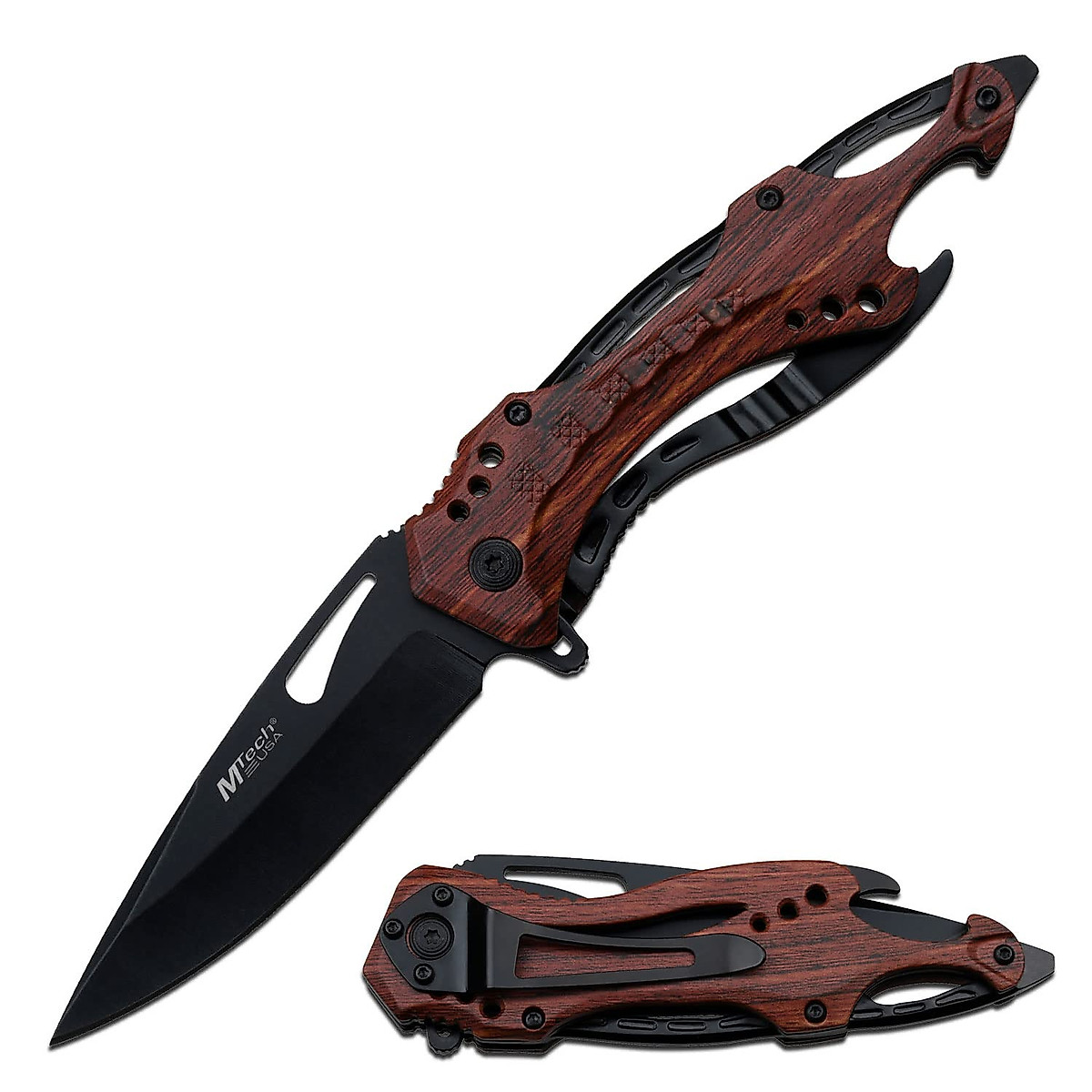 MTECH USA – Spring Assisted Folding Knife – Fine Edge Black Stainless Steel Blade, Brown Wood Handle, Pocket Clip, Tactical, EDC, Self Defense- MT-A705WD, 4.5-inch Closed