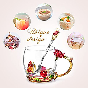 OEAGO Gifts for Mom Women Mothers Day Glass Coffee Enamels Mug Best Birthday Butterfly Rose Gifts for Her from Daughter Son Lead-Free Valentines Day Christmas Red Tea Cup with Spoon Set