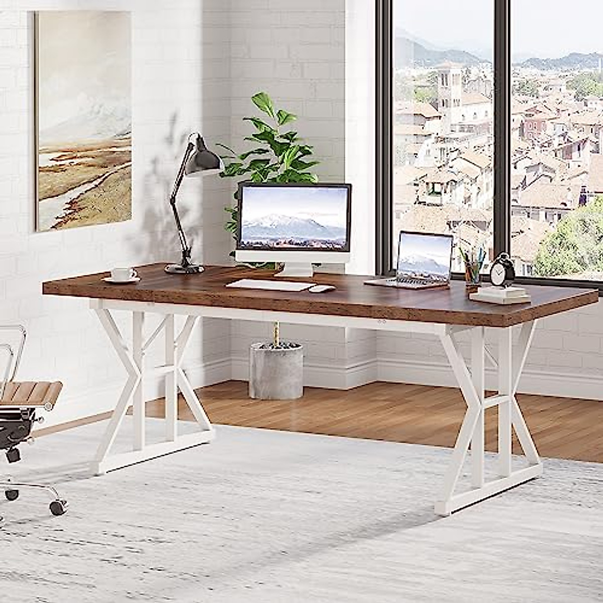 Tribesigns 70.8-Inch Executive Desk, Large Computer Office Desk Workstation, Modern Simple Style Laptop Desk Study Writing Table Business Furniture for Home Office (Brown/White)
