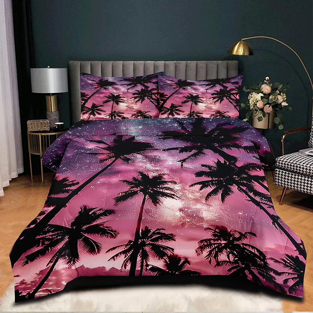CCoutueChen Coconut Tree Comforter Set Queen Size Tropical Beach Leaf Bedding Sets Botanical Leaves Comforter Romantic Galaxy Bed Set 3Pcs Soft Fluffy Lightweight Comforter (Girls Women Adult)