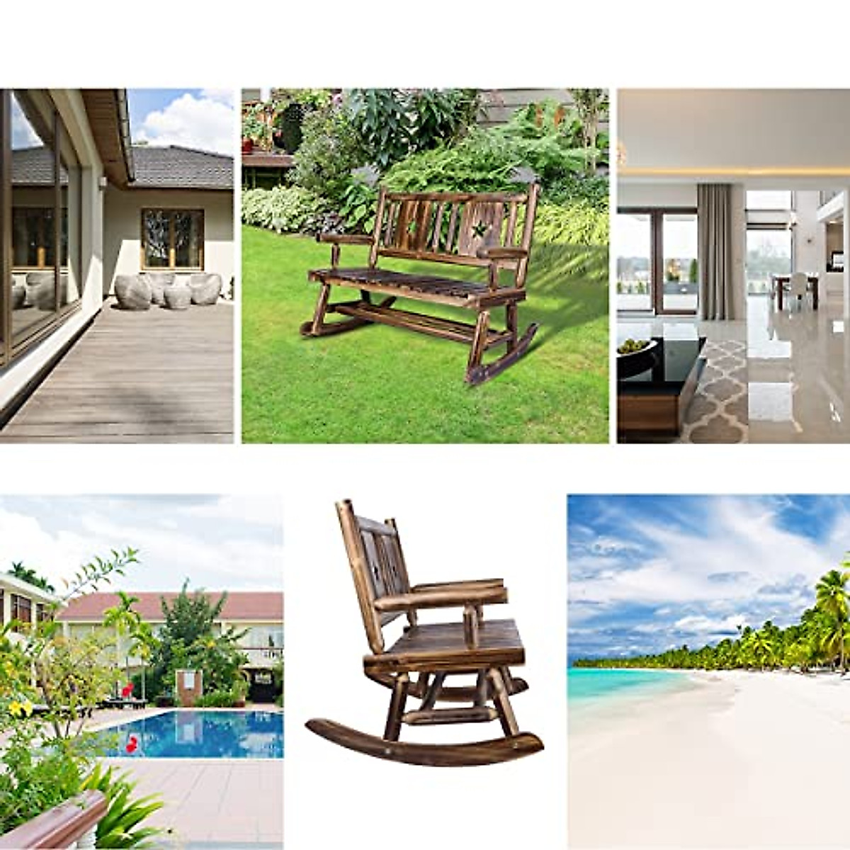 XCSOURCE Outdoor Rocking Bench, Wooden Double Outdoor Patio Rocker Chair for 2 Persons, Rustic Log Porch Bench for Farmhouse Decoration (Brown)